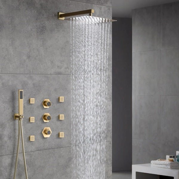 Cascada Camellia 12" Wall Mount Rain Brushed Gold Showerhead Body Jets ...