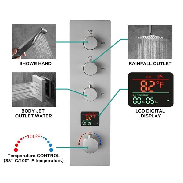Brush Nickel 10" Thermostatic LCD Display Shower System – Cascada Showers