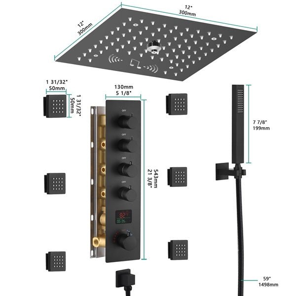 Black 12" Siena Digital LED Bluetooth Shower System| Cascada – Cascada ...