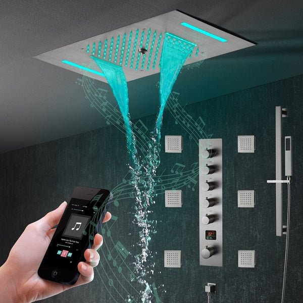 Brush Nickel 15"x23" Milan LED Music Shower System | Cascada – Cascada ...