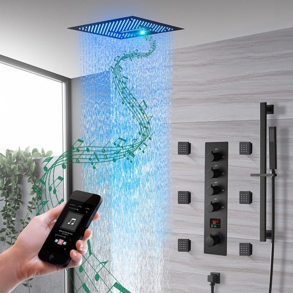 Black 16" Turin Digital Rainfall LED Music Shower System – Cascada Showers