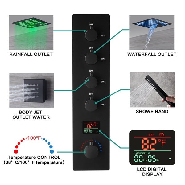 Cascada Ceiling Mount Rainfall Waterfall LED Shower System & Sliding ...