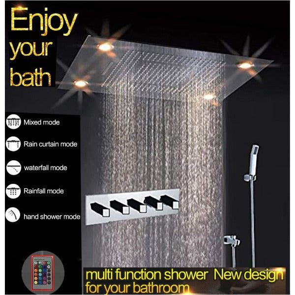 23"x31" Luxurious recessed rain & waterfall LED shower system – 5 mode ...