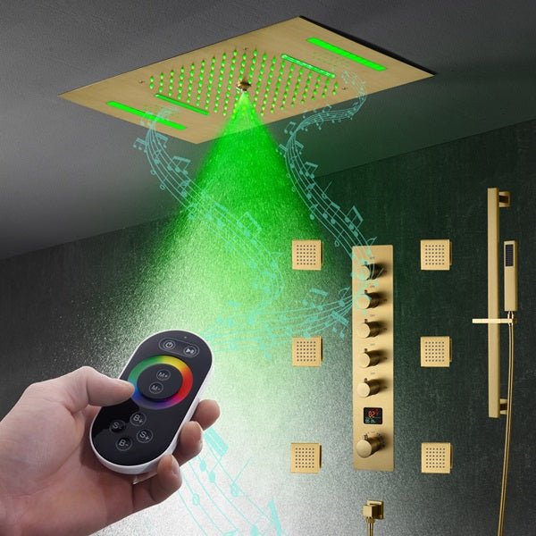 Brush Gold 15"x23" Milan Bluetooth LED Shower System – Cascada Showers