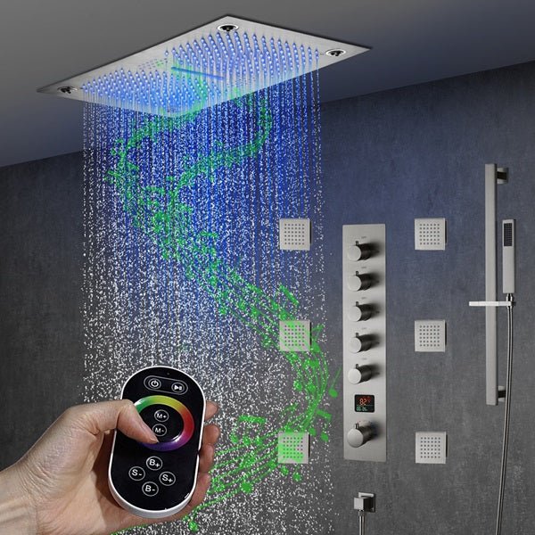 Sorrento 16x28 Brushed Nickel LED Music Rainfall Shower – Cascada Showers