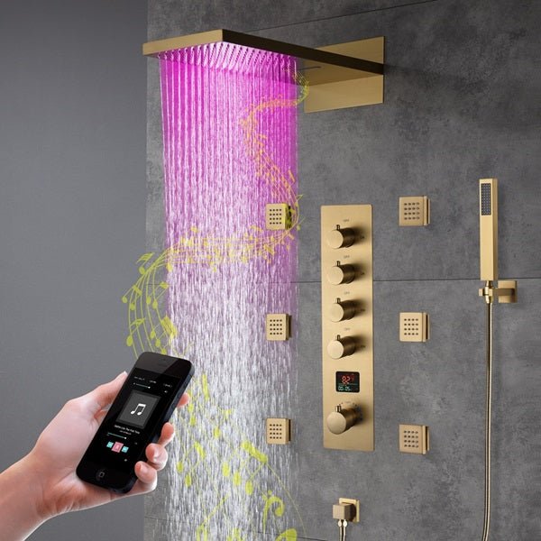 Bologna Digital LED Music Shower System | Brush Gold Finish – Cascada ...