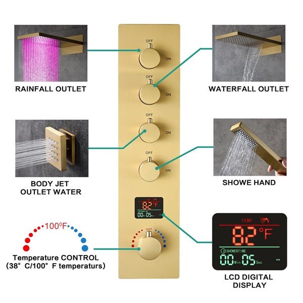 Naples LED Digital Music Shower System | brush Gold Finish – Cascada ...