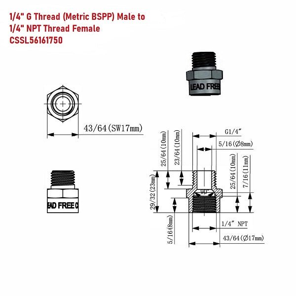 G Thread to NPT Female Adapter 1/4"x1/4" Metric BSPP – Cascada Showers